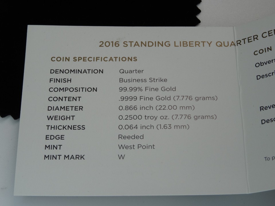 2016-W Standing Liberty Quarter US Mint 1/4 oz Gold OGP Box & COA | eBay