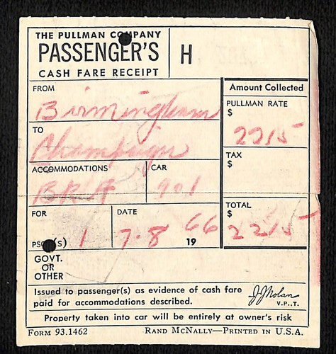 1966 Pullman Car Cash Fare Ticket Receipt Bloomquist* | eBay