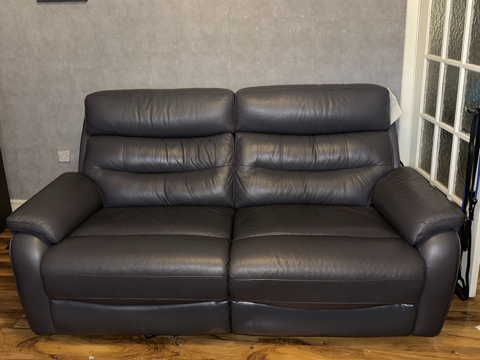 Two Fletcher 3 Seater Grey/Blue Leather Power Recliner, RRP x2 £958.33 ...
