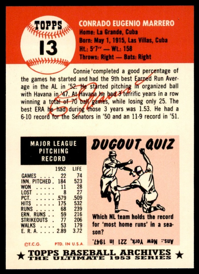 1991 TOPPS ARCHIVES 1953 CONNIE MARRERO WASHINGTON SENATORS #13 | eBay