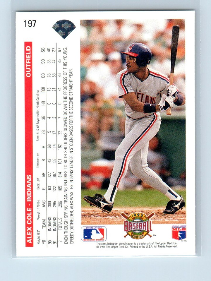 1992 Upper Deck Straight from the Pack Alex Cole Cleveland Indians #197 ...
