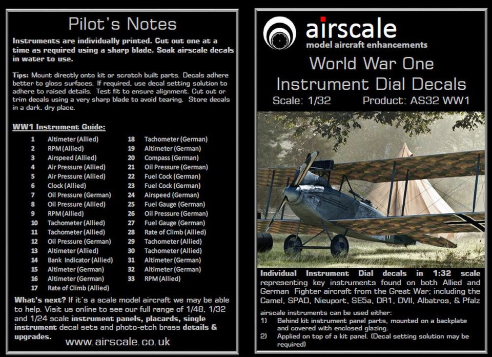 airscale Model Aircraft WW1 Cockpit Instrument Dial decals -1/32 scale ...