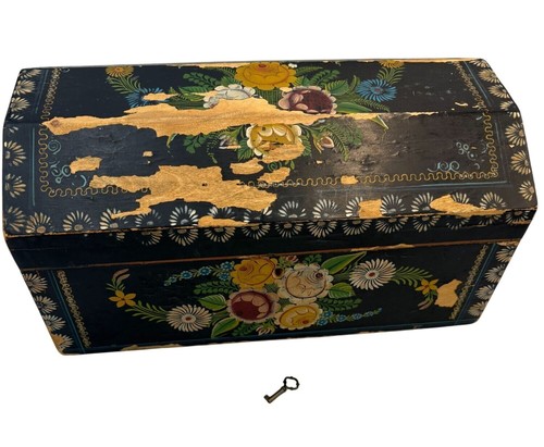 Antique Wooden Hand Painted Floral Painted Keepsake Lock Box With Key ...