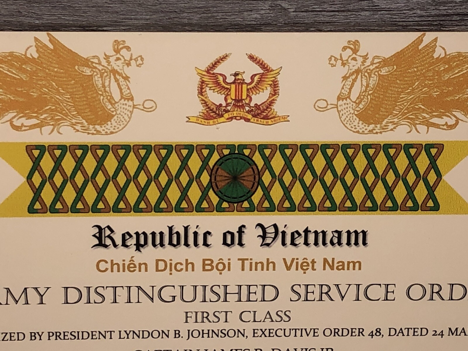 VIETNAM ~ ARMY DISTINGUISHED SERVICE ORDER CERTIFICATE-FIRST CLASS w ...