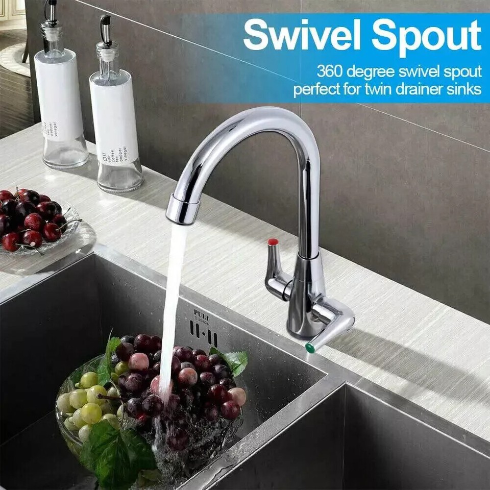 Modern Kitchen Mixer Tap Dual Lever Swivel Spout Mono Chrome Sink Taps ...