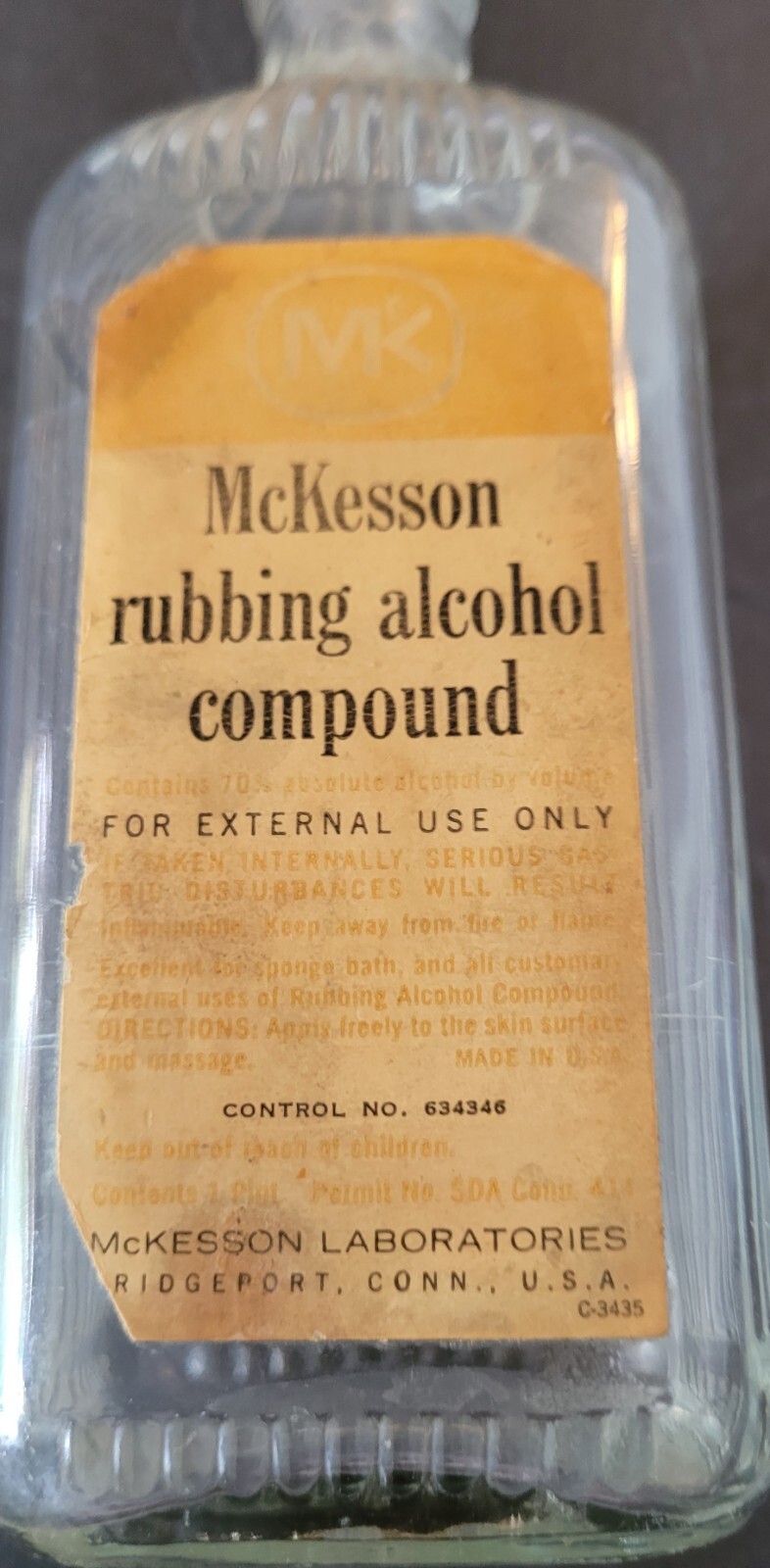 Vintage McKesson's Rubbing Alcohol Compound 1 pint Ribbed Bottle {EMPTY ...