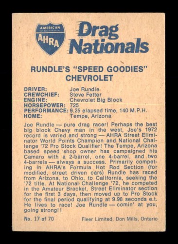 1972 Fleer AHRA Drag Nats Canadian #17 Joe Rundle VGEX X2642459 | eBay