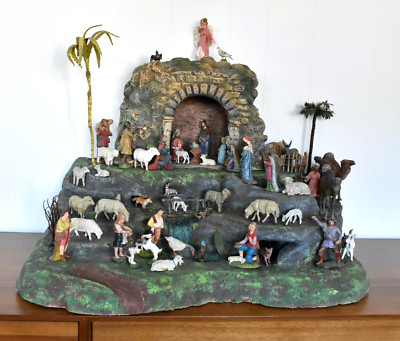 LARGE VINTAGE NATIVITY SCENE ELASTOLIN Composition Christmas Creche ...