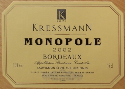 Etiquettes vin FRANCE Kressmann MONOPOLE 2002 Bordeaux wine labels | eBay