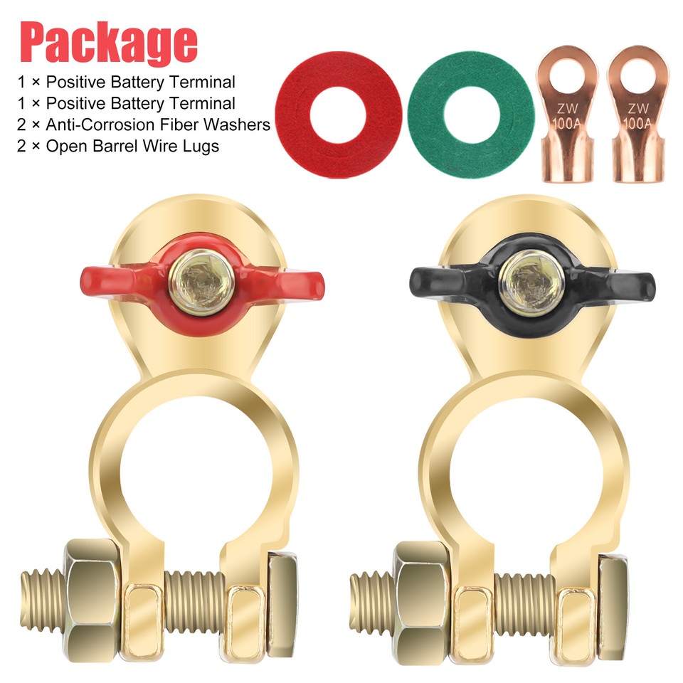 2x Solid Brass Battery Terminal Connector Top Post End Clamps Set for ...