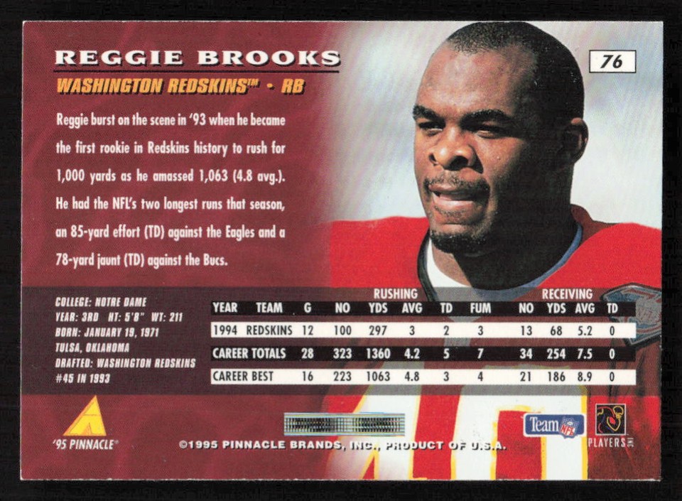 1995 Pinnacle Reggie Brooks #76 Football Washington Redskins | eBay