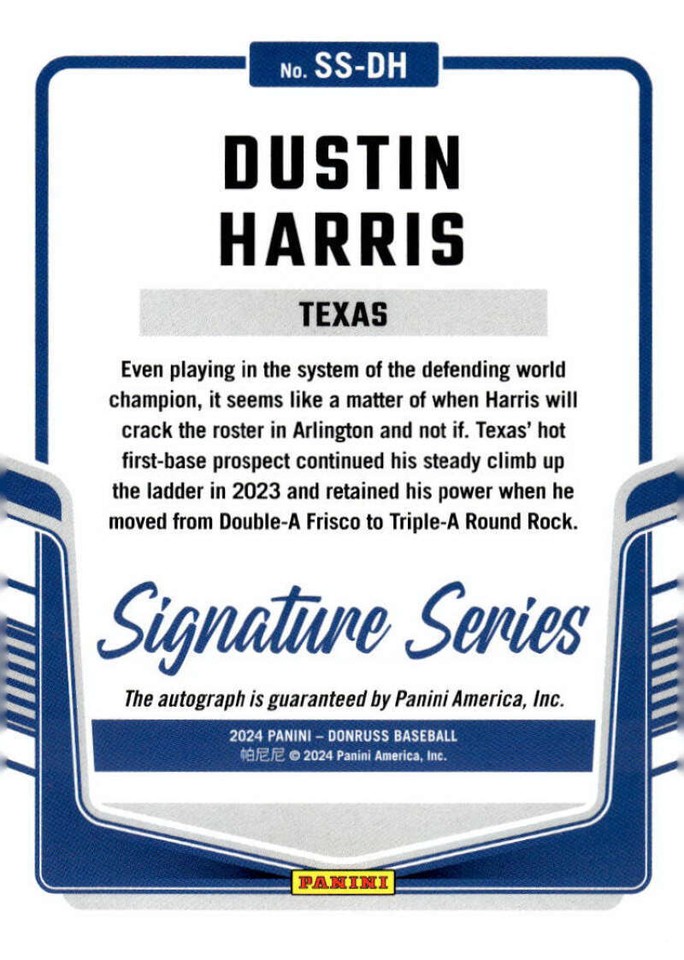 DUSTIN HARRIS RC AUTO 2024 Donruss /49 Signature Series Purple #55 ROO ...