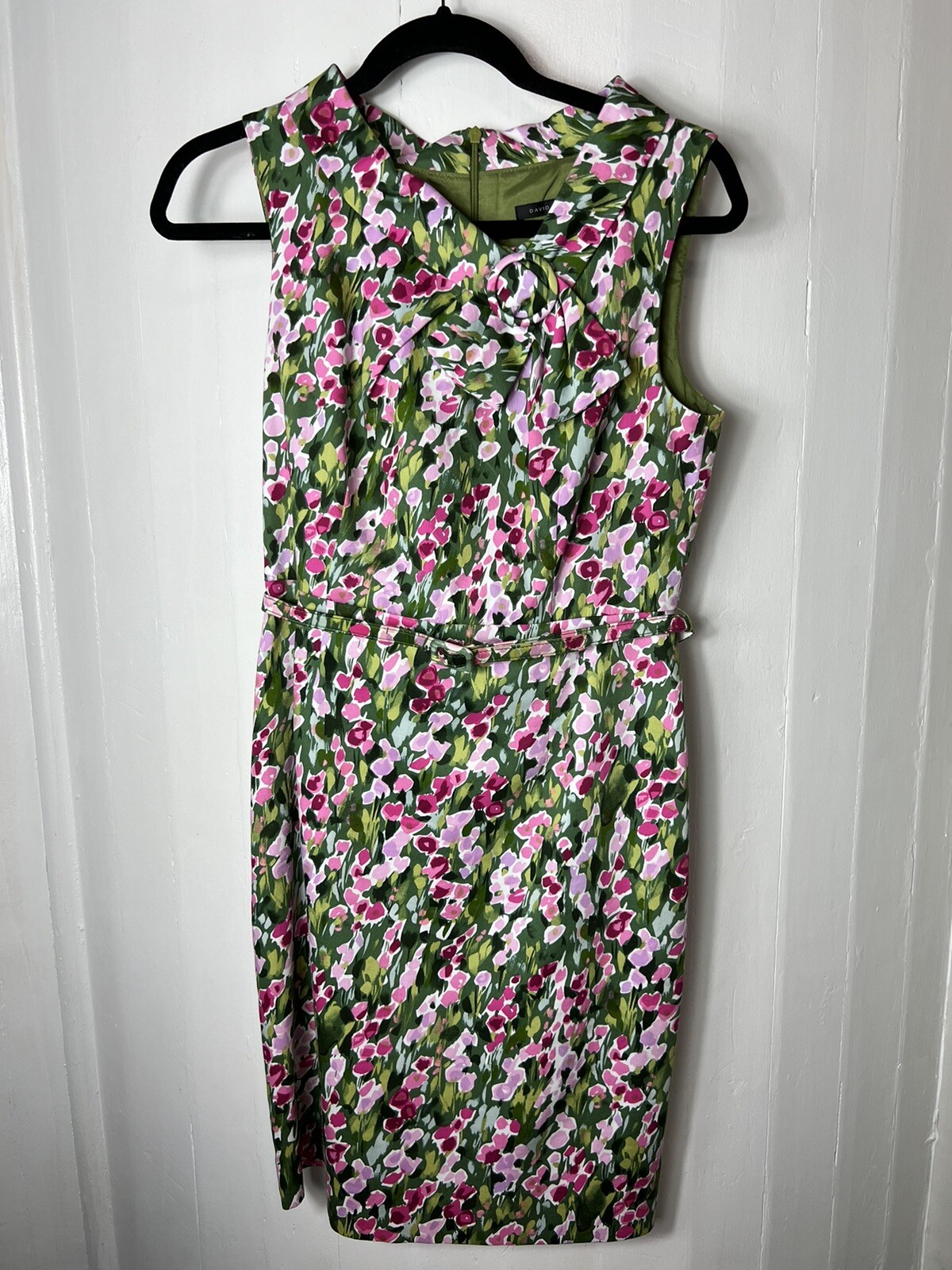David Meister Belted Sleeveless Green Pink Floral Career Dress Size 6 ...