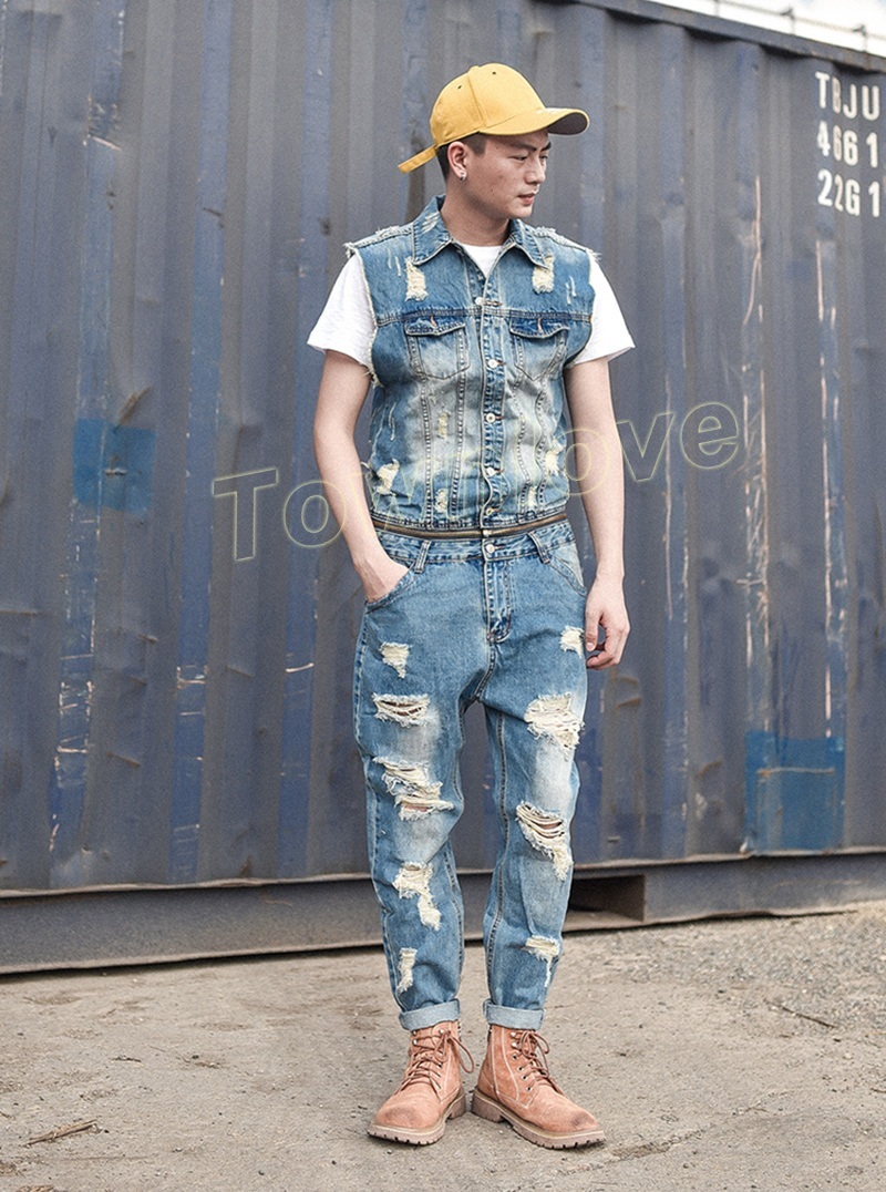 Men Retro Casual Ripped Denim Overalls Vest Jumpsuits Jeans Rompers ...