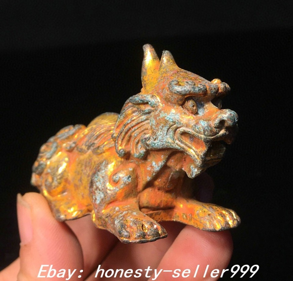 2.7" Old China Dynasty Bronze Gilt Fengshui Kilin Qilin Unicorn Beast ...