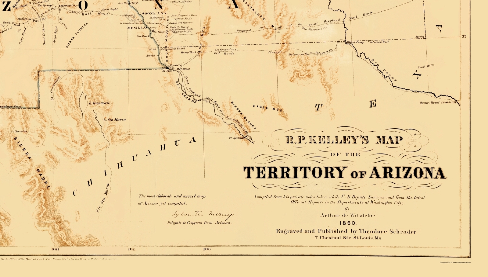 Historic State Map - Arizona Territory R.P. Kelley - Schrader 1860 - 23 ...