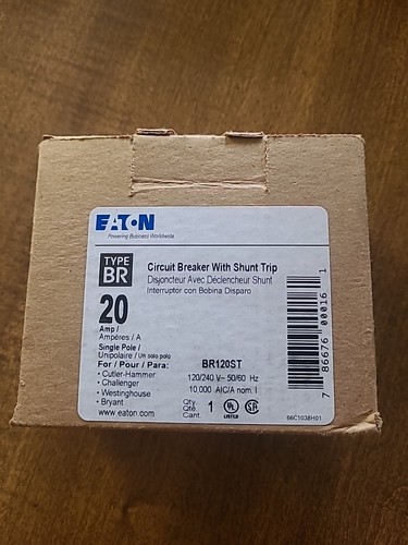 EATON BR120ST SHUNT TRIP 20 AMP SINGLE POLE 120V SNAP IN BREAKER | eBay