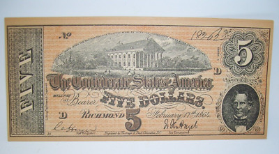 Confederate States of America Five Dollar Note 1864 Reproduction | eBay