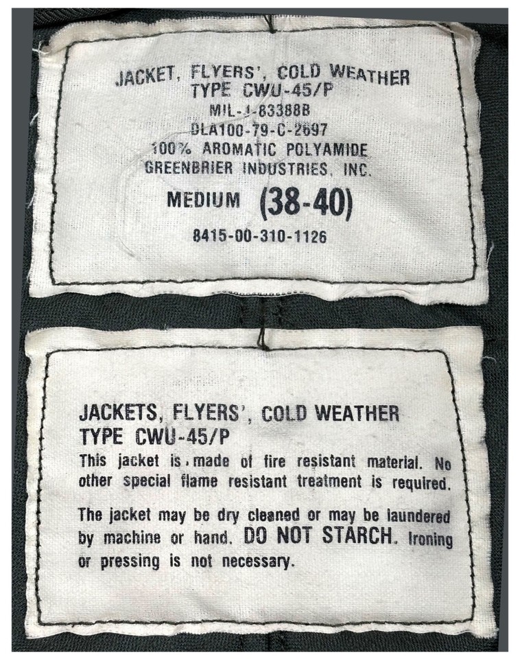 Vintage Flight Jacket CWU 45/P Size Medium Flyers Flame Resistant Cold ...