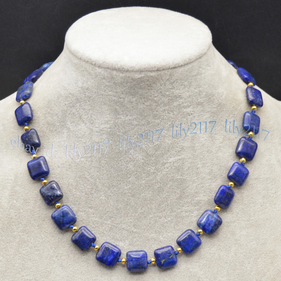 Natural Blue Lapis Lazuli 12mm Flat Square Gemstone Beads Necklace 14 ...