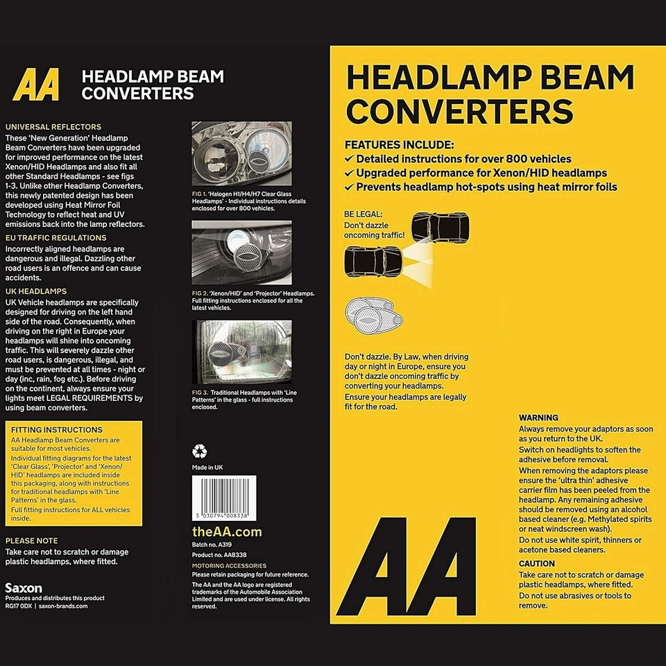 AA Headlight Beam Converters EU Euro Car Headlamp Deflectors UK ...