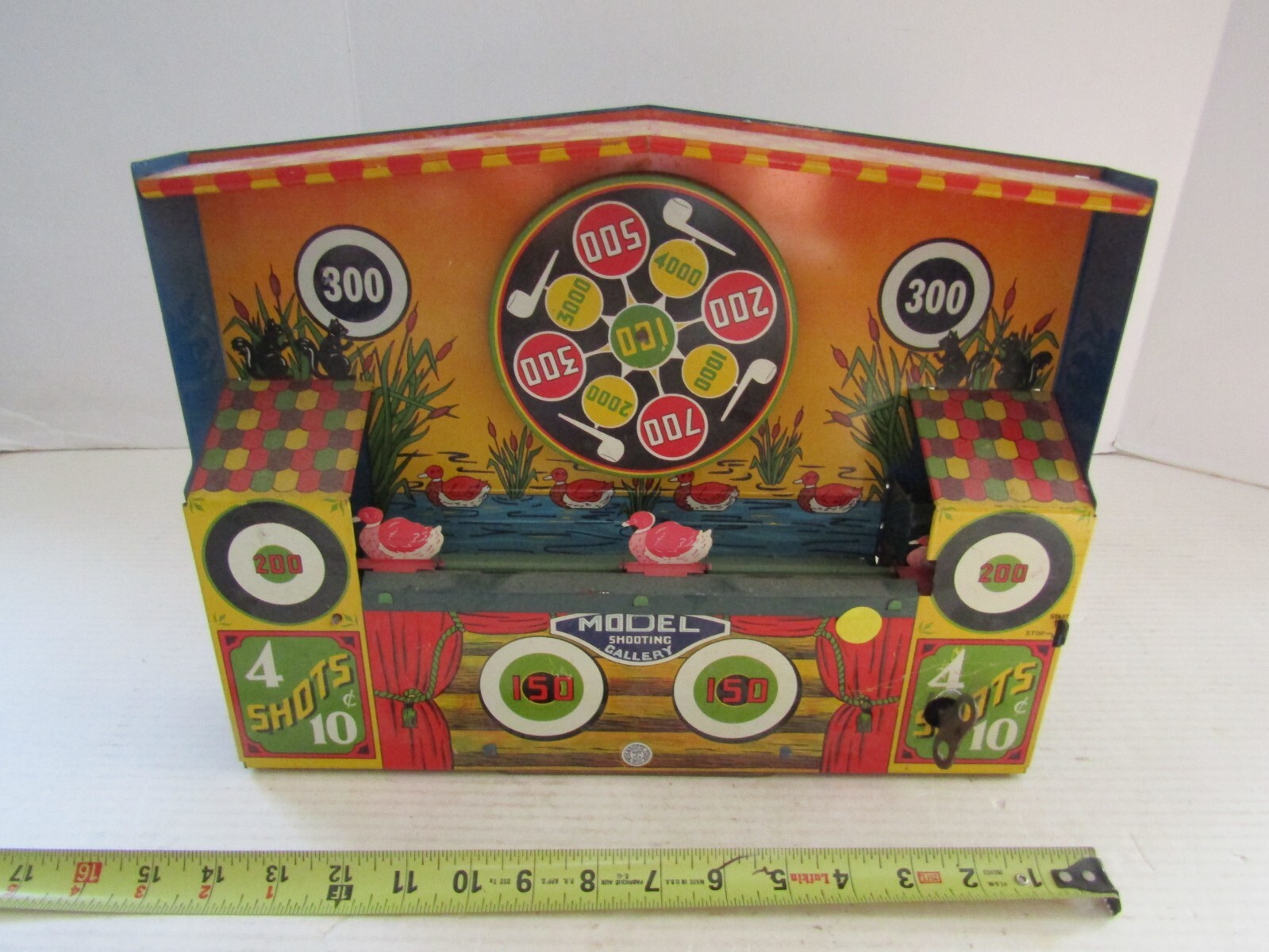 VINTAGE TIN LITHO WYANDOTTE MODEL SHOOTING GALLERY DUCKS WIND UP GAME ...