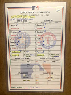 Houston Astros at Texas Rangers Game Used Lineup Card 6/14/22 - Kyle ...