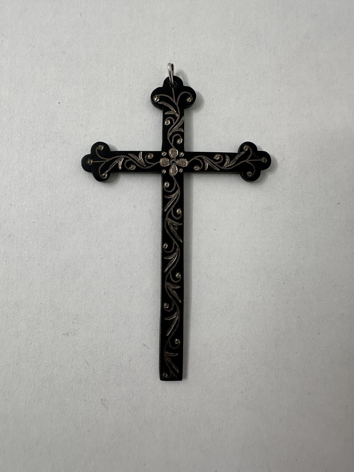 Victorian Era Black Etched Mourning Cross Pendant - Gem