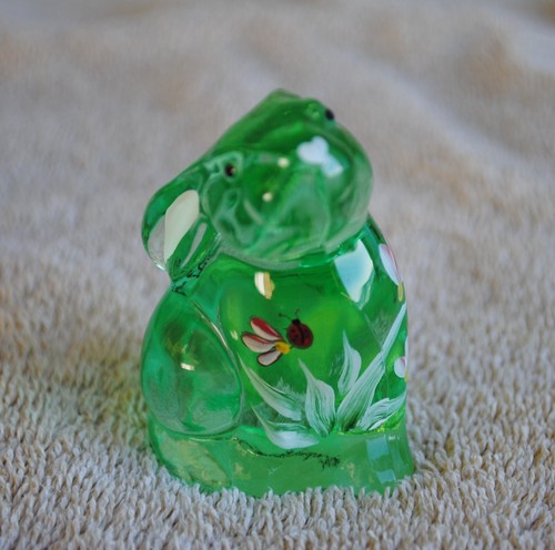 Fenton Green Clear Bunny Rabbit Flowers painted signed Butterfly Kisses ...