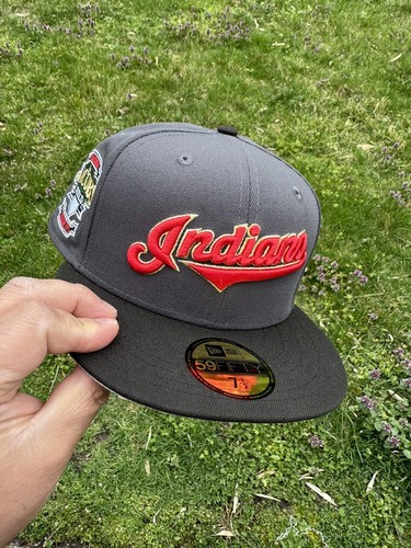 NEW ERA Cleveland Indians GREY Red Script Patch Jacobs Field Fitted Hat ...