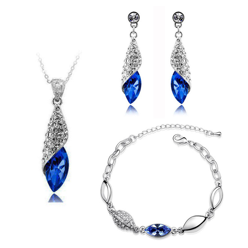 Silver Tone Royal Dark Blue Jewellery Rhinestones Bracelet Necklace Set ...