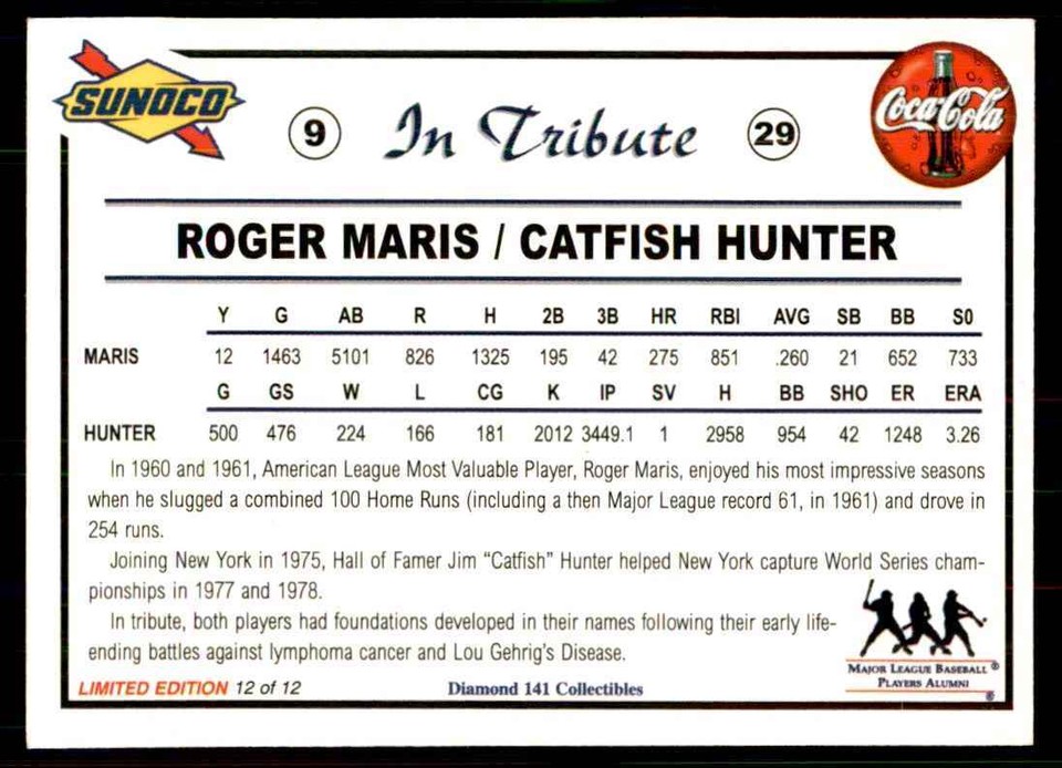 2001 Sunoco Dream Team Roger Maris/Catfish Hunter 103 Baseball Cards ...