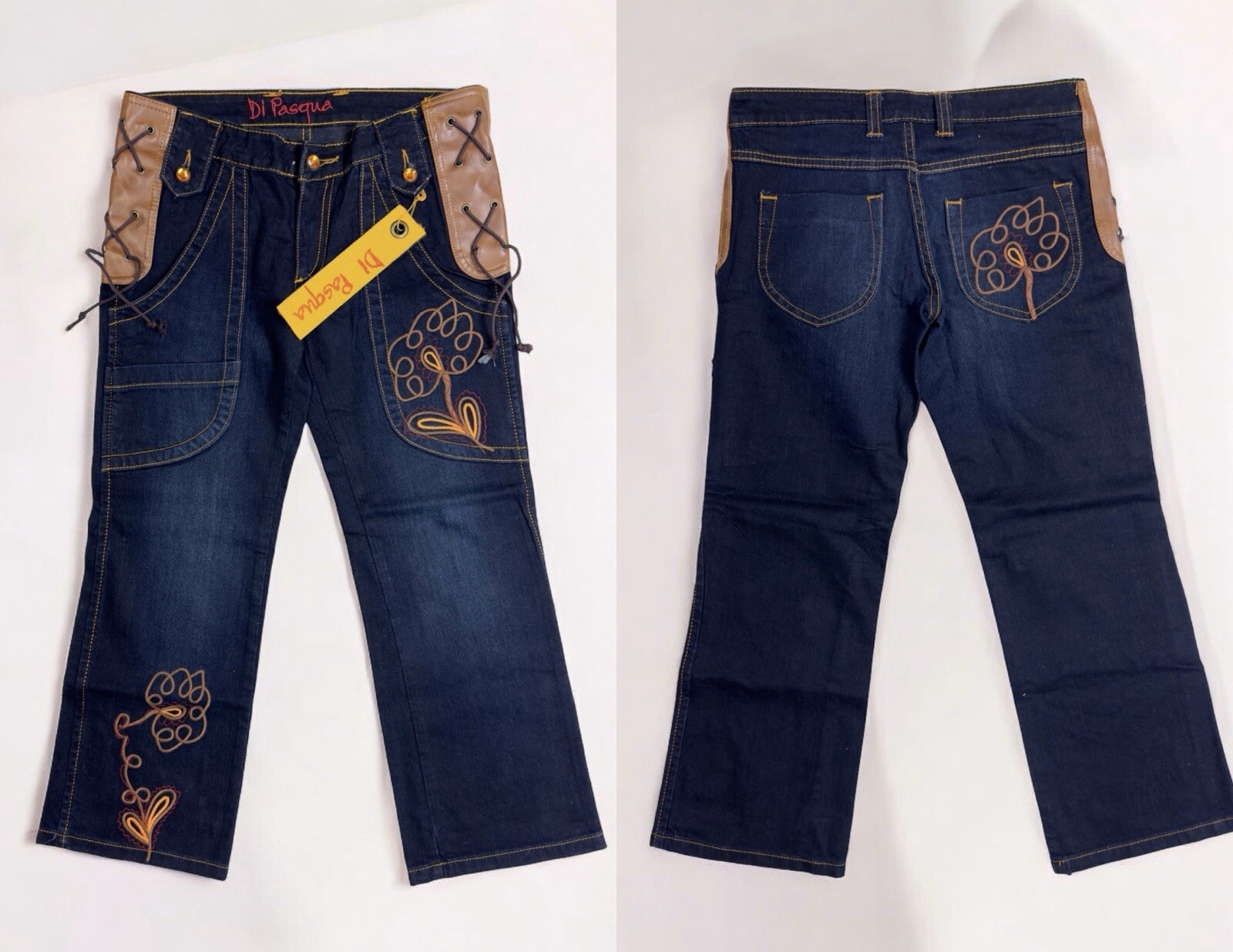 Blue Denim Lace Up Crop Jeans Capris Boho Floral Western Cowgirl Hippie ...