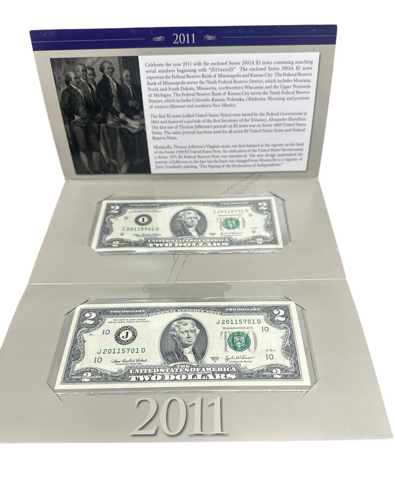 BEP $2 Double Deuce Set, matching serial numbers 2011 Federal Reserve ...