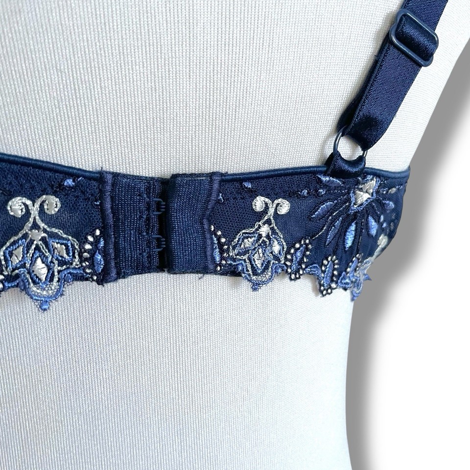 Chantelle 38C Bra Navy Blue Vendome Demi Underwire Sheer Embroidered ...