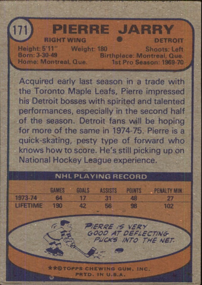 1974-75 Topps #171 Pierre Jarry - VG | eBay