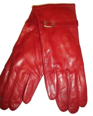 Ladies Genuine Leather Buckle Gloves,Medium, Red | eBay