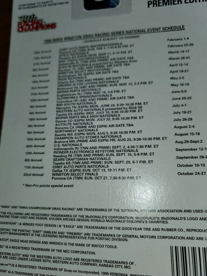 Tom Hoover NHRA Racing Champions Funny Car Pioneer Mopar 1996 Premier ...