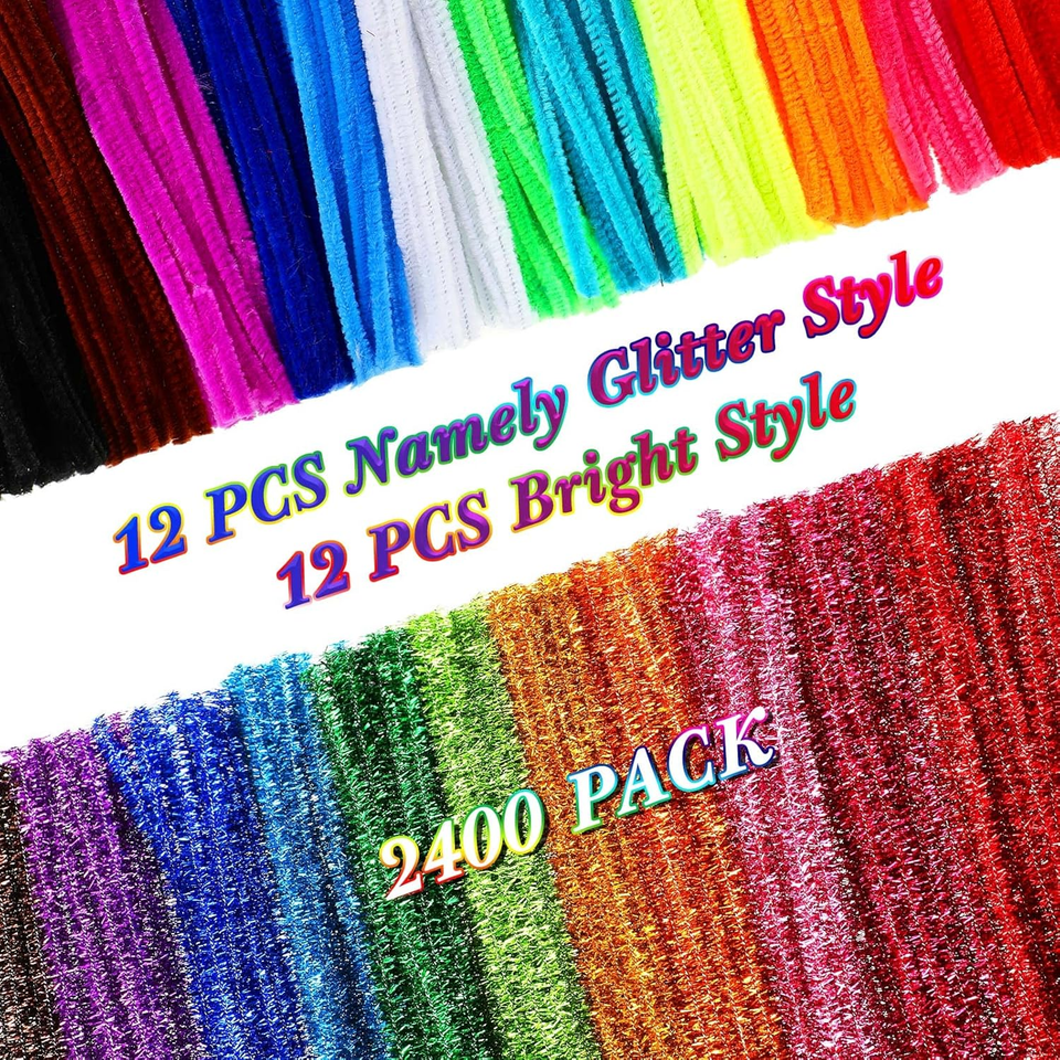 2400 Pcs Pipe Cleaners 24 Assorted Colors Chenille Stems Glitter Pipe ...