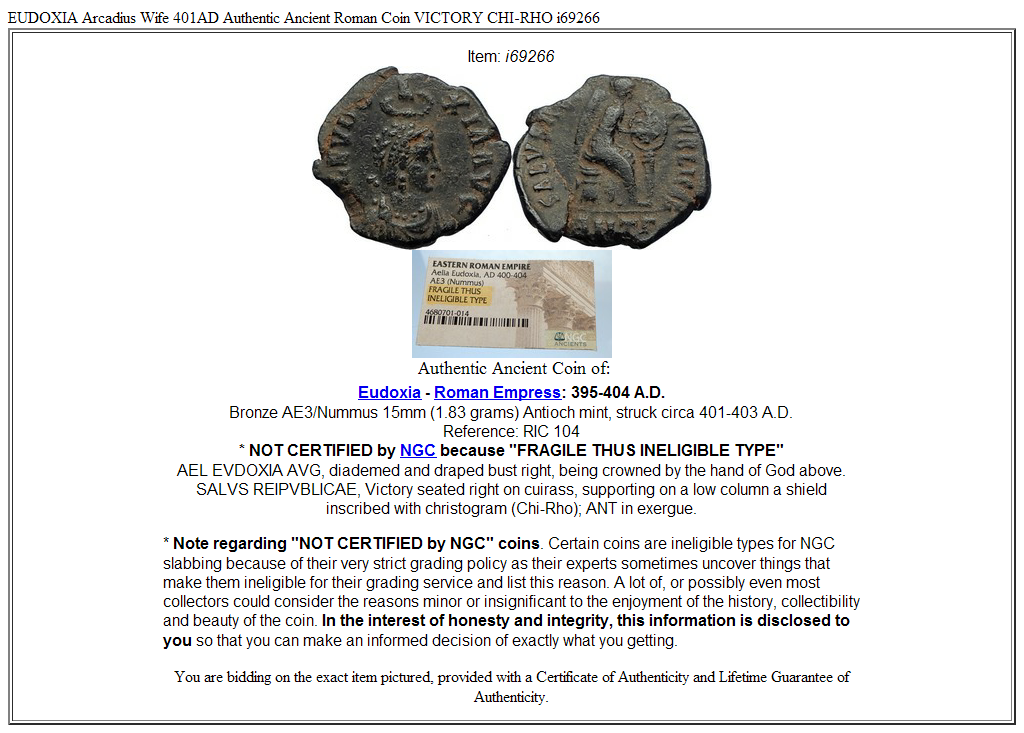 EUDOXIA Arcadius Wife 401AD Authentic Ancient Roman Coin VICTORY CHI ...