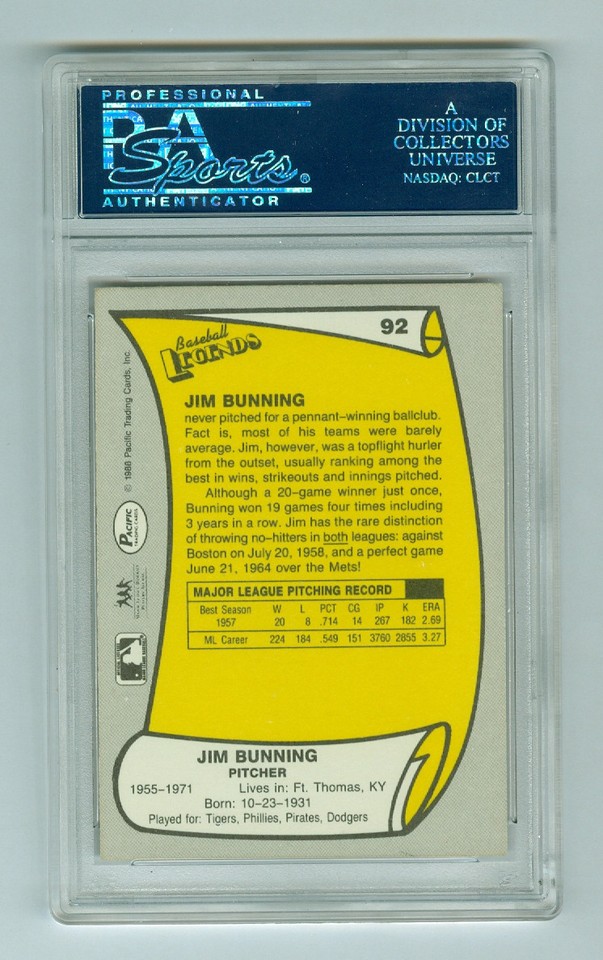 Jim Bunning Autographed 1988 Pacific Card Pirates PSA Authentic Encased ...