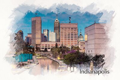 Indianapolis watercolor on canvas, Indianapolis skyline watercolor ...