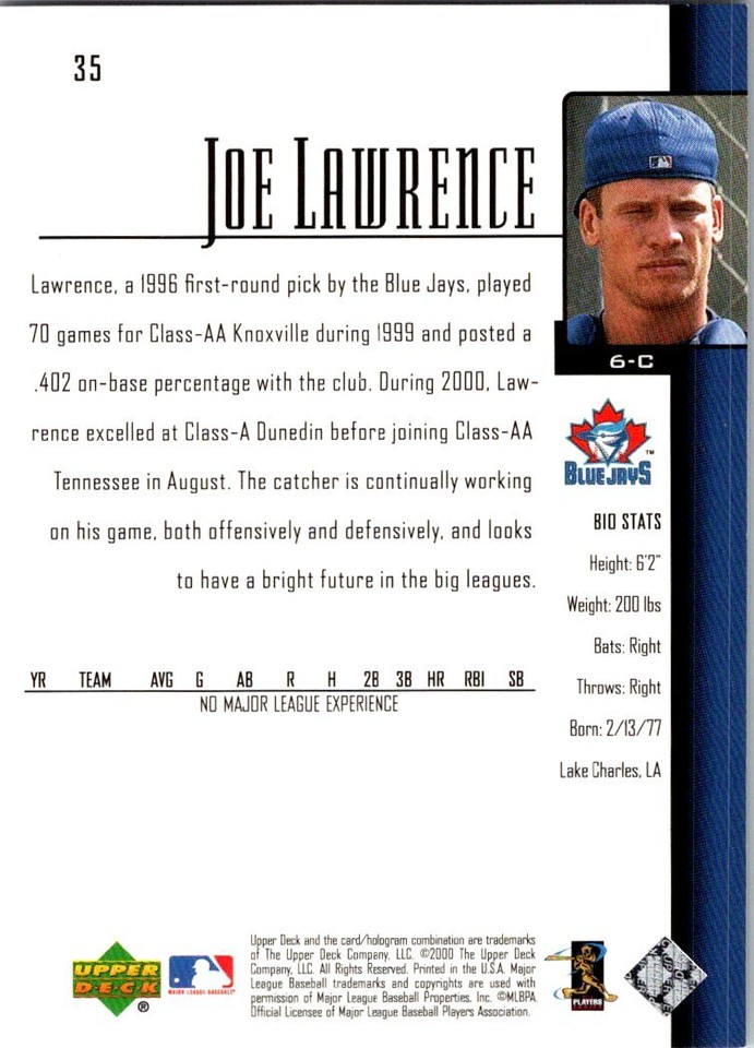 2001 Upper Deck Joe Lawrence #35 Toronto Blue Jays Near Mint | eBay