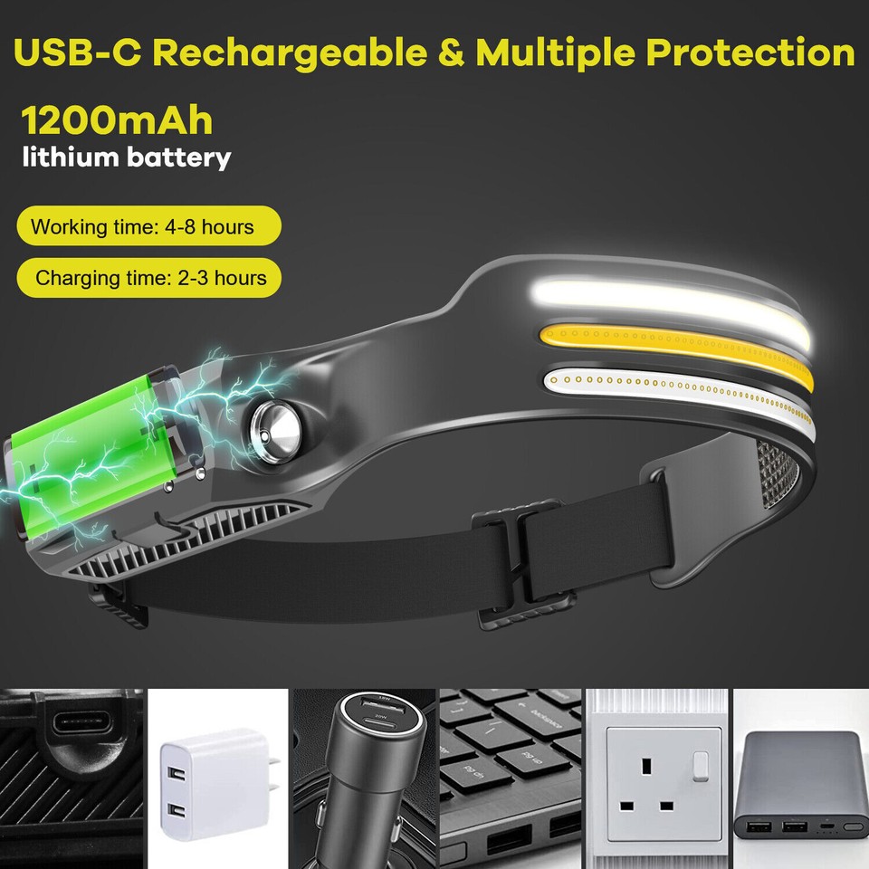 COB LED Headlamp USB Rechargeable Headlight Torch Work Light Bar Head ...