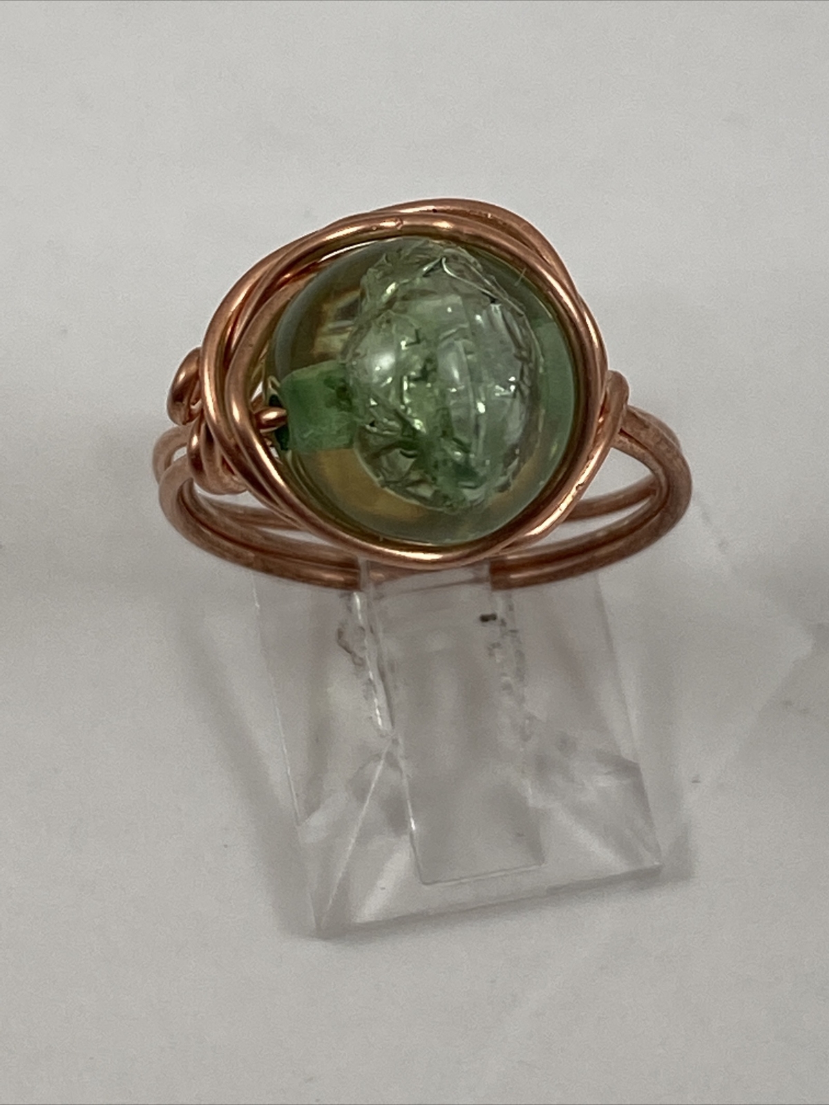 Handmade ~ Copper Wire Wrap ~ Green Glass Bead Ring ~ Size 7 #140 | eBay