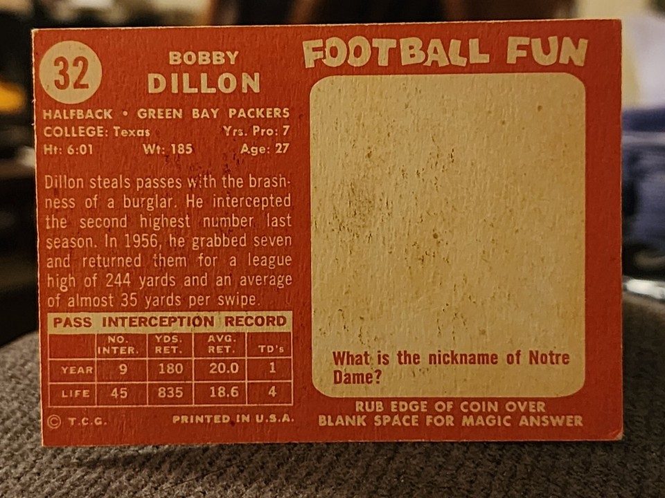 1958 Bobby Dillon Topps Football #32 HOF Packers EX | eBay
