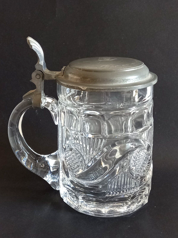 German Glass Pewter Beer Mug Stein Vintage Lid Decorated Brand/Prost ...