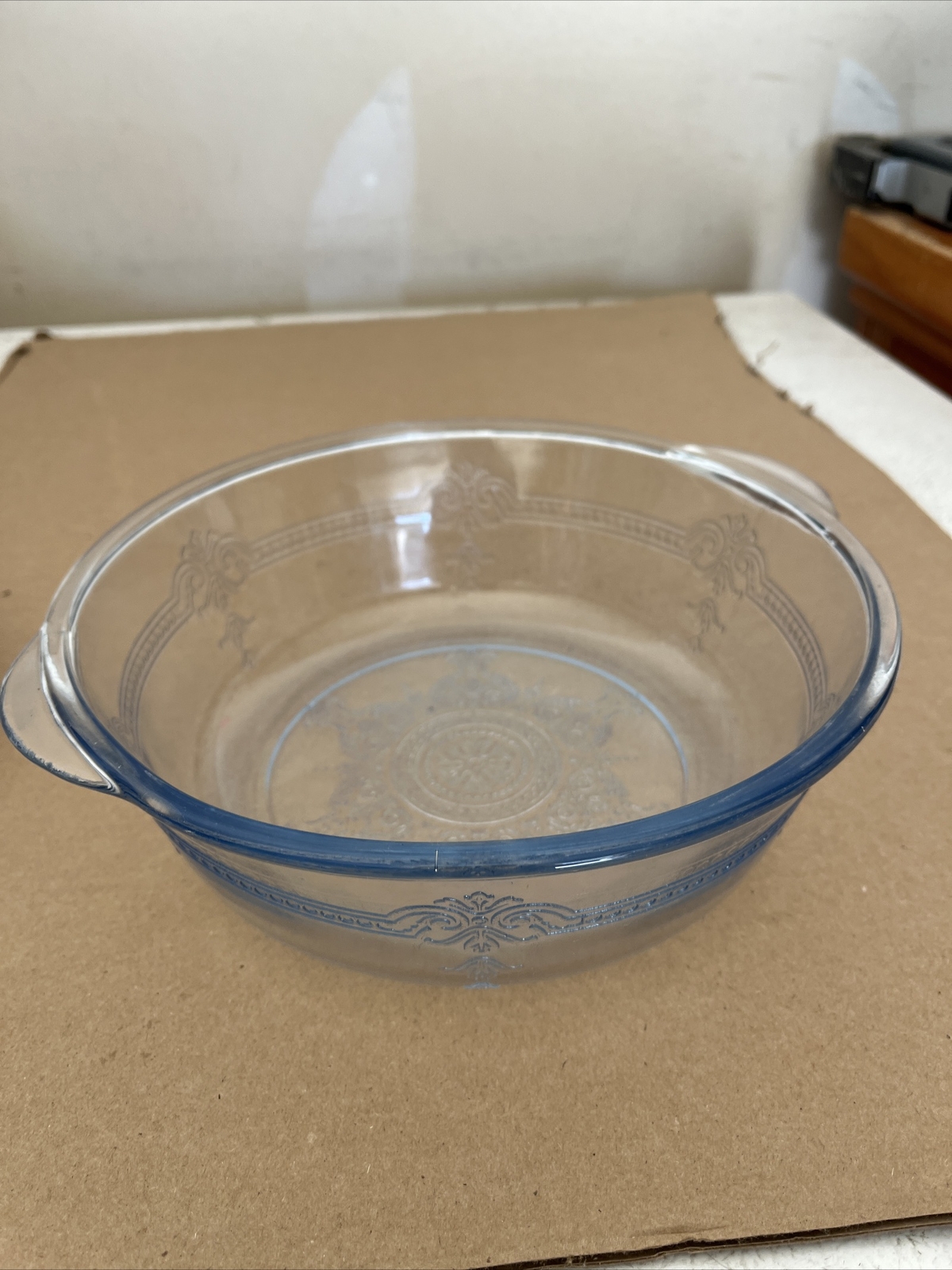 Vtg 9’ Fire King Sapphire Clear Blue Philbe Glass Round Baking Dish ...
