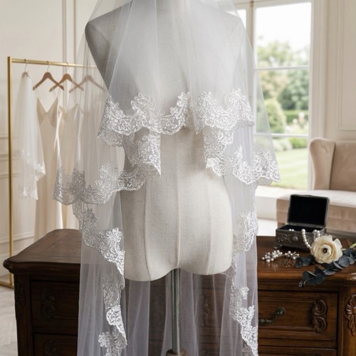 White Cathedral Length Lace Edge Tulle Wedding Bridal Veil Lace | eBay