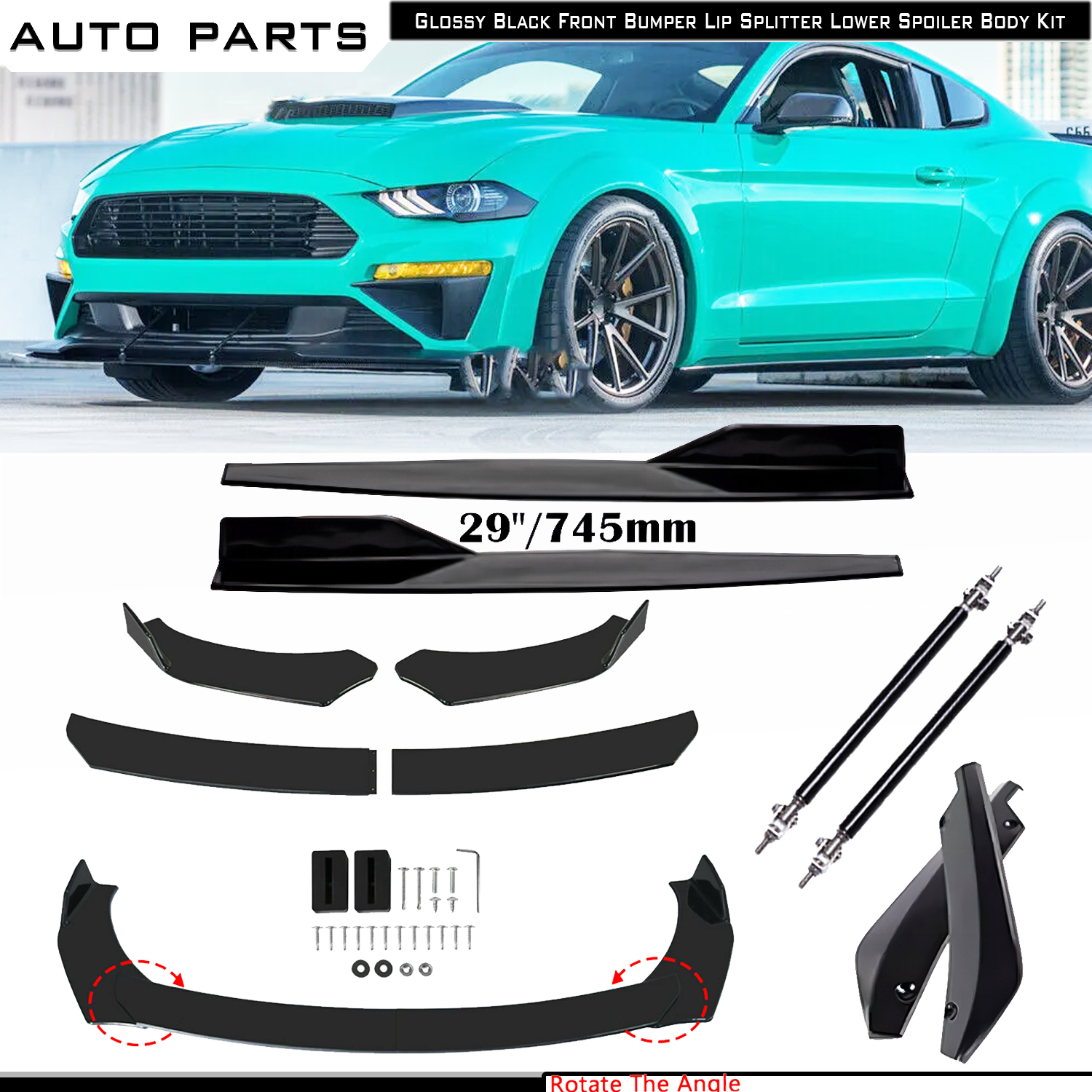 For Ford Mustang GT Front Bumper Lip Spoiler Side Skirt Splitter Strut ...